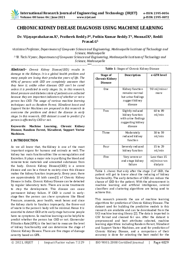 (PDF) IRJET- CHRONIC KIDNEY DISEASE DIAGNOSIS USING MACHINE LEARNING