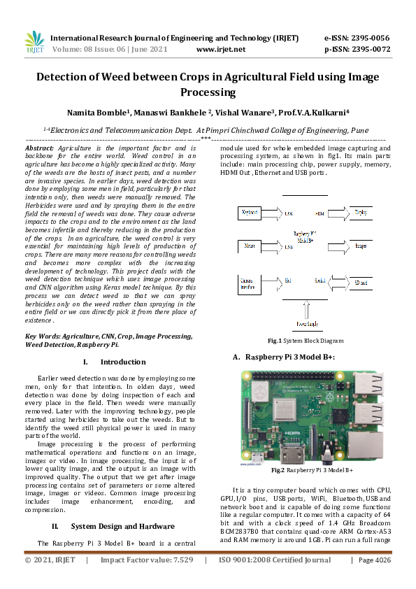 (PDF) IRJET- Detection of Weed between Crops in Agricultural Field using Image Processing
