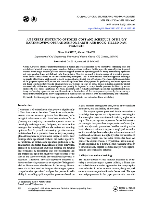 (PDF) An expert system to optimize cost and schedule of heavy earthmoving operations for earth ...