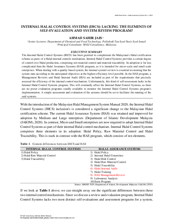 (PDF) INTERNAL HALAL CONTROL SYSTEMS (IHCS): LACKING THE ELEMENTS OF ...