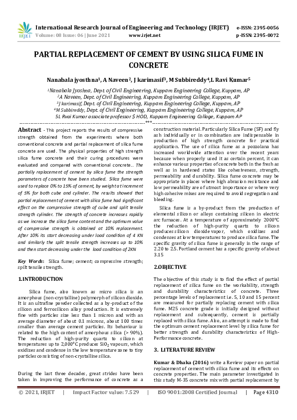 (PDF) IRJET- PARTIAL REPLACEMENT OF CEMENT BY USING SILICA FUME IN CONCRETE