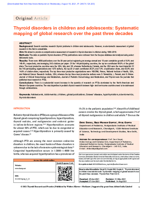 (PDF) Thyroid disorders in children and adolescents: Systematic mapping of global research over ...