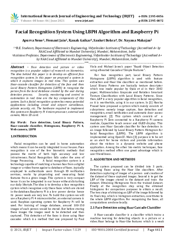 (PDF) IRJET- Facial Recognition System Using LBPH Algorithm and Raspberry Pi