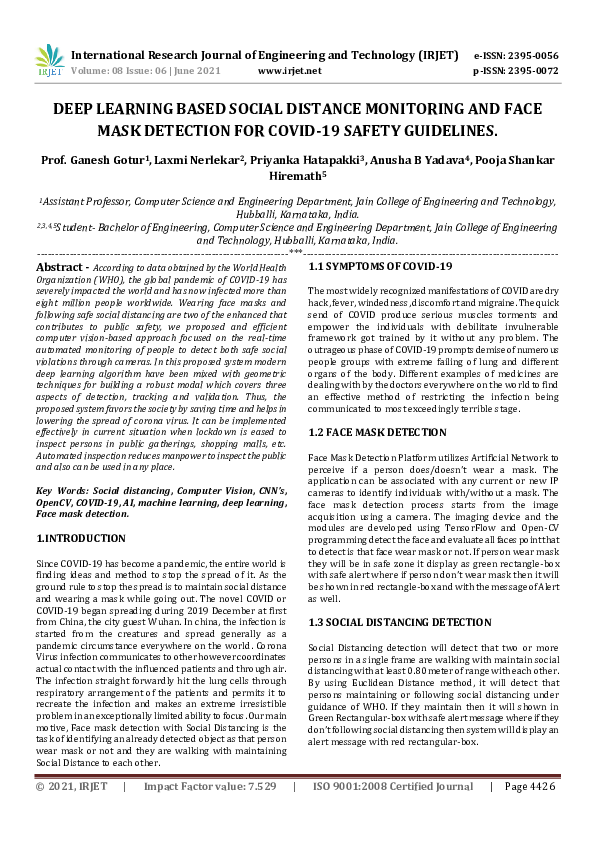 (PDF) IRJET- DEEP LEARNING BASED SOCIAL DISTANCE MONITORING AND FACE ...