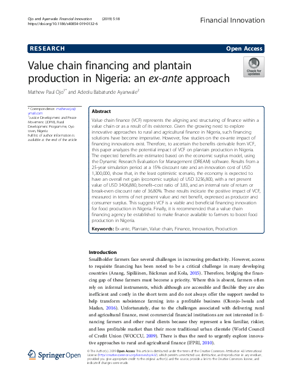 (PDF) Value chain financing and plantain production in Nigeria: an ex ...