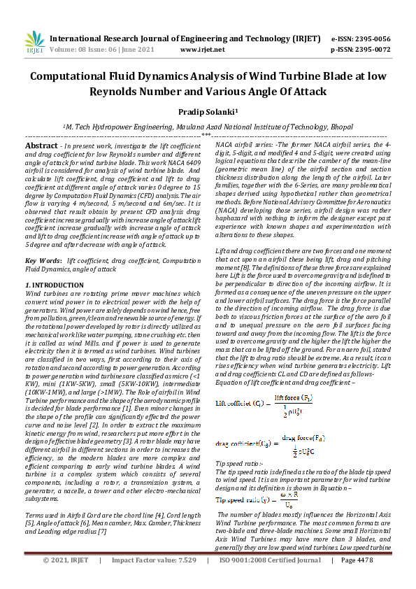 Pdf Irjet Computational Fluid Dynamics Analysis Of Wind Turbine Blade At Low Reynolds Number