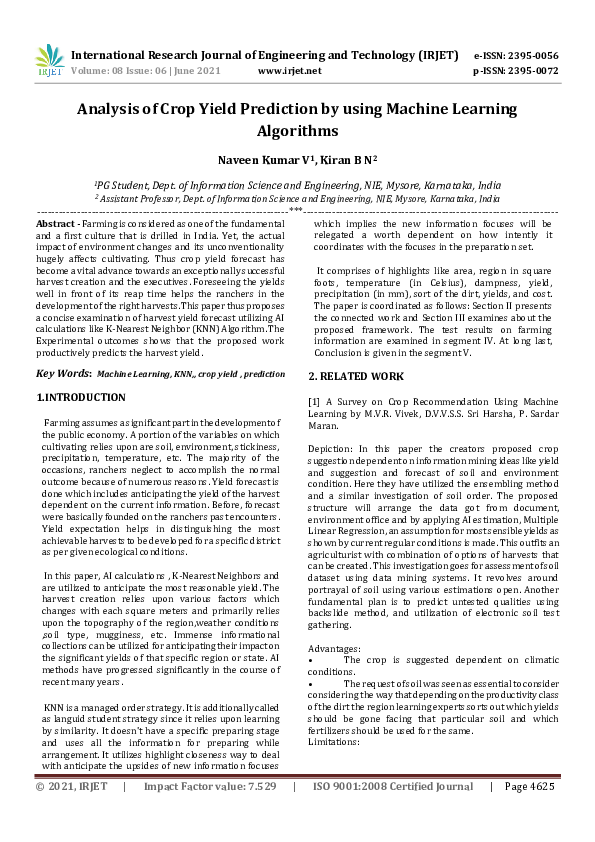 Pdf Irjet Analysis Of Crop Yield Prediction By Using Machine