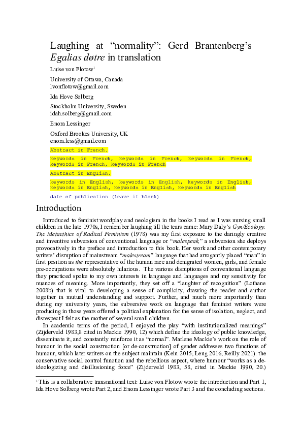 (DOC) Laughing at "normality": Gerd Brantenberg's Egalias døtre in ...