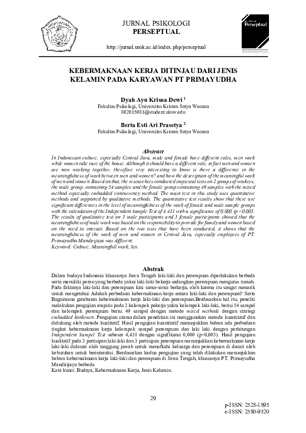 (PDF) Kebermaknaan Kerja Ditinjau Dari Jenis Kelamin Pada Karyawan PT ...