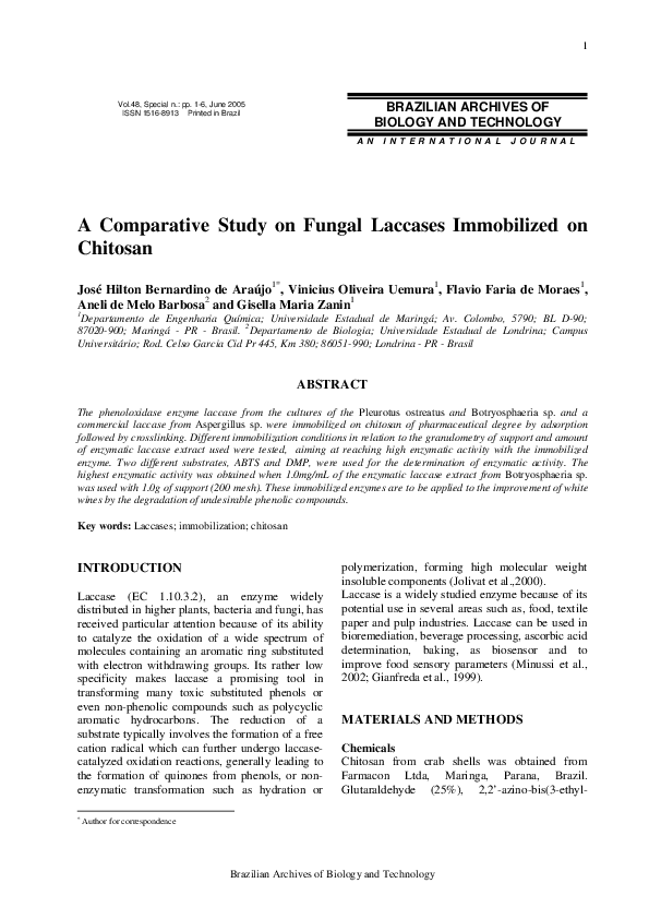 (PDF) A comparative study on fungal laccases immobilized on chitosan