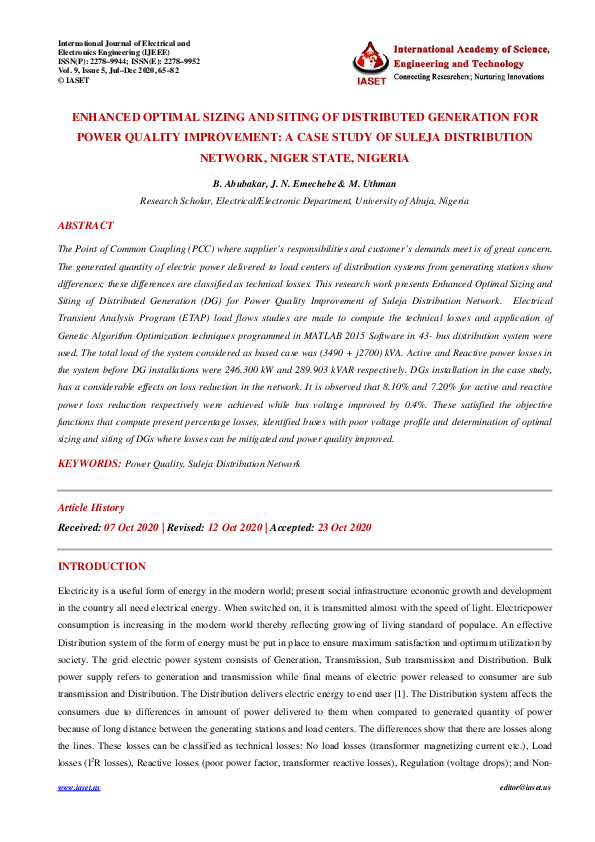(PDF) ENHANCED OPTIMAL SIZING AND SITING OF DISTRIBUTED GENERATION FOR POWER QUALITY IMPROVEMENT ...