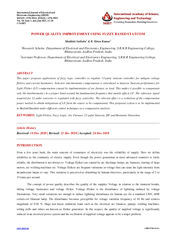 (PDF) POWER QUALITY IMPROVEMENT USING FUZZY BASED STATCOM