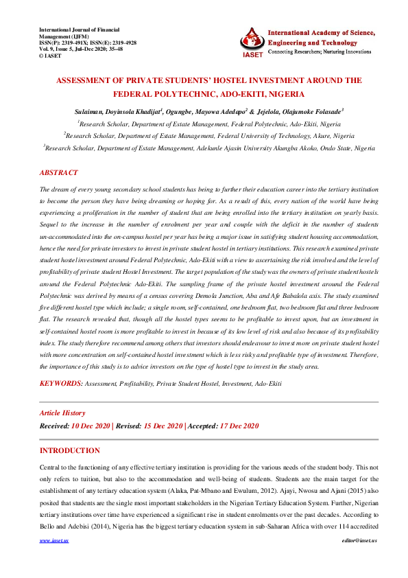 (PDF) ASSESSMENT OF PRIVATE STUDENTS' HOSTEL INVESTMENT AROUND THE ...