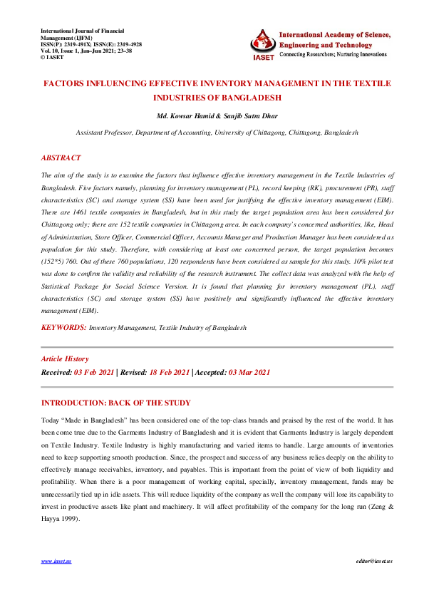 (PDF) FACTORS INFLUENCING EFFECTIVE INVENTORY MANAGEMENT IN THE TEXTILE ...