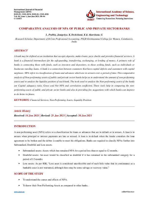 (PDF) COMPARATIVE ANALYSIS OF NPA OF PUBLIC AND PRIVATE SECTOR BANKS