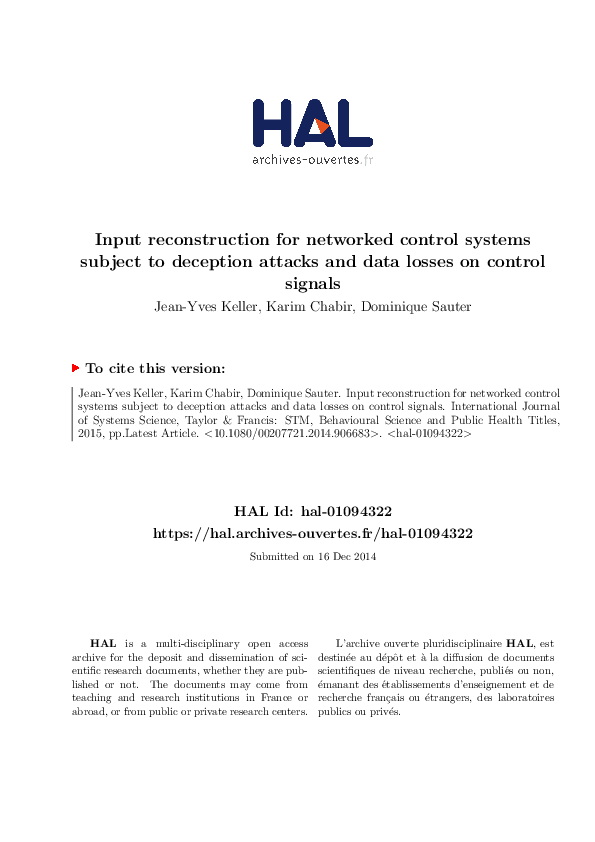 (PDF) Input reconstruction for networked control systems subject to deception attacks and data ...