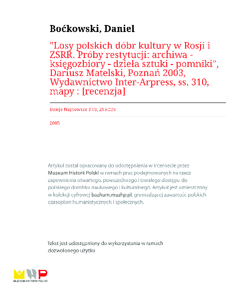 (PDF) [rec. Daniel Boćkowski], Dariusz Matelski, Losy polskich dóbr ...