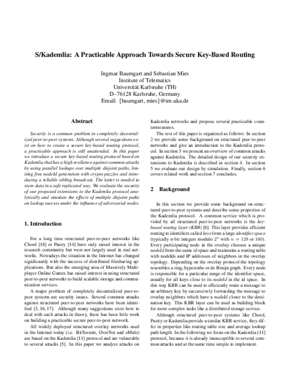 Pdf Skademlia A Practicable Approach Towards Secure Key Based Routing 