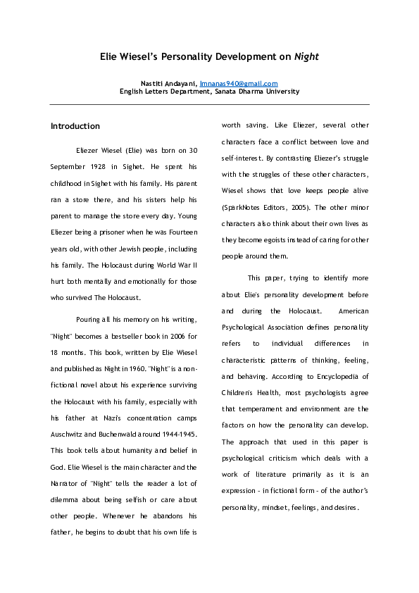 (PDF) Elie Wiesel's Personality Development on Night