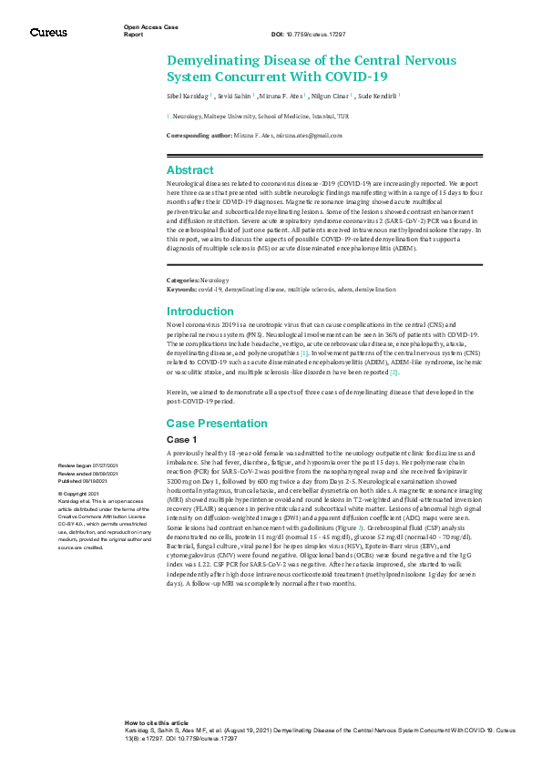 (PDF) Demyelinating Disease of the Central Nervous System Concurrent With COVID-19