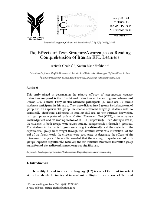 (PDF) The Effects of Text-Structure Awareness on Reading Comprehension of Iranian EFL Learners