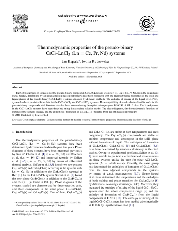 (PDF) Thermodynamic properties of the pseudo-binary CsCl–LnCl3 (Ln=Ce,Pr,Nd) systems