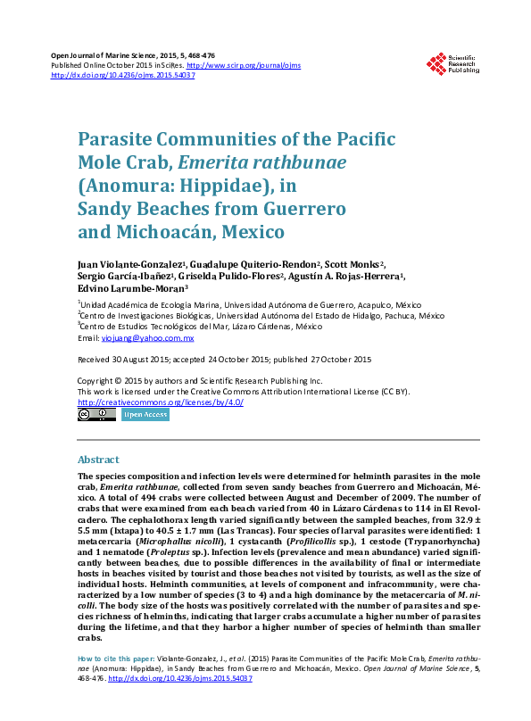 (PDF) Parasite Communities of the Pacific Mole Crab, Emerita rathbunae ...