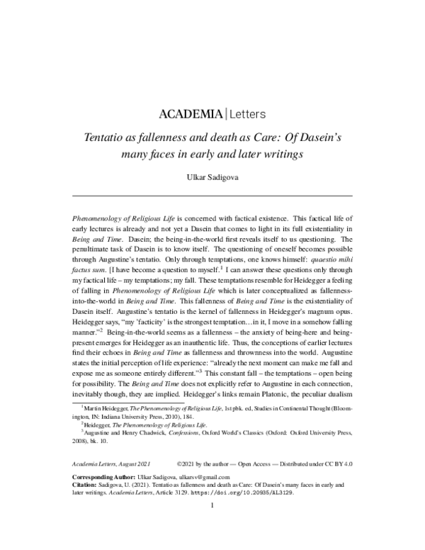 (PDF) Tentatio as fallenness and death as Care: Of Dasein’s many faces ...