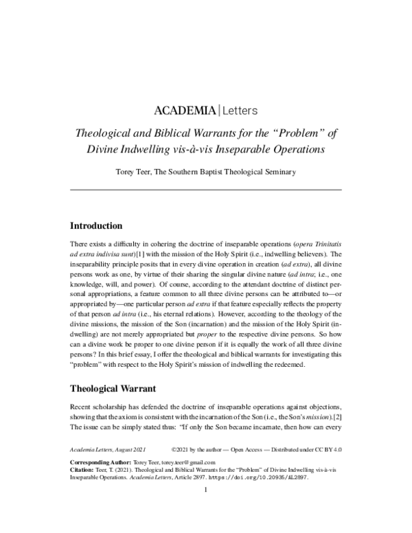 (PDF) Theological and Biblical Warrants for the “Problem” of Divine Indwelling vis-à-vis ...