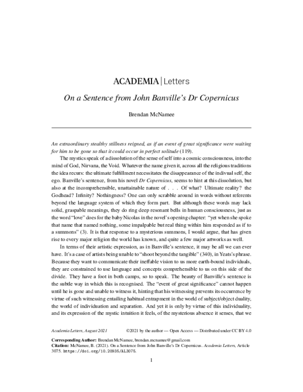 (PDF) On a Sentence from John Banville's Dr Copernicus