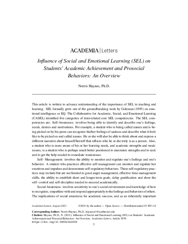 (PDF) Influence of Social and Emotional Learning (SEL) on Students ...