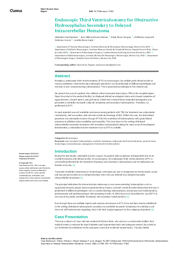 (PDF) Endoscopic Third Ventriculostomy for Obstructive Hydrocephalus ...
