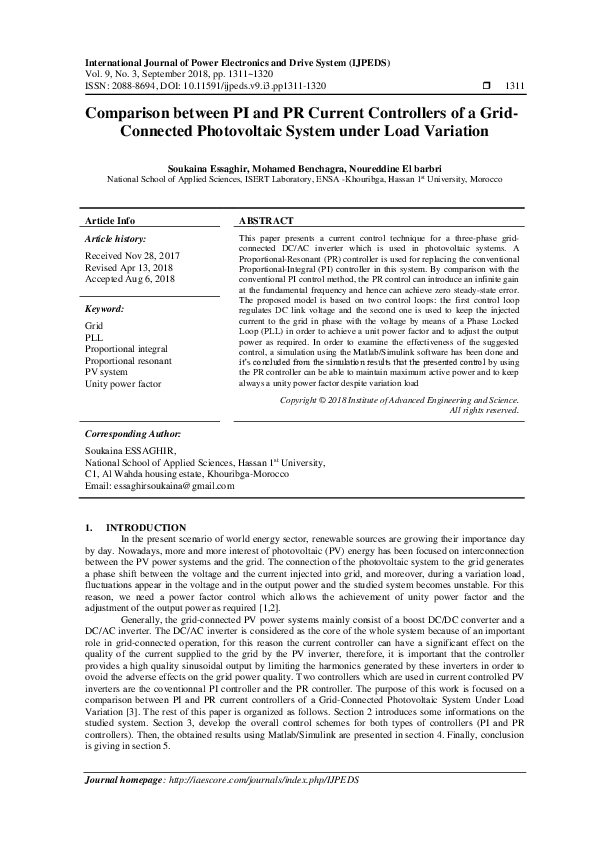 (PDF) Comparison between PI and PR Current Controllers of a Grid-Connected Photovoltaic System ...