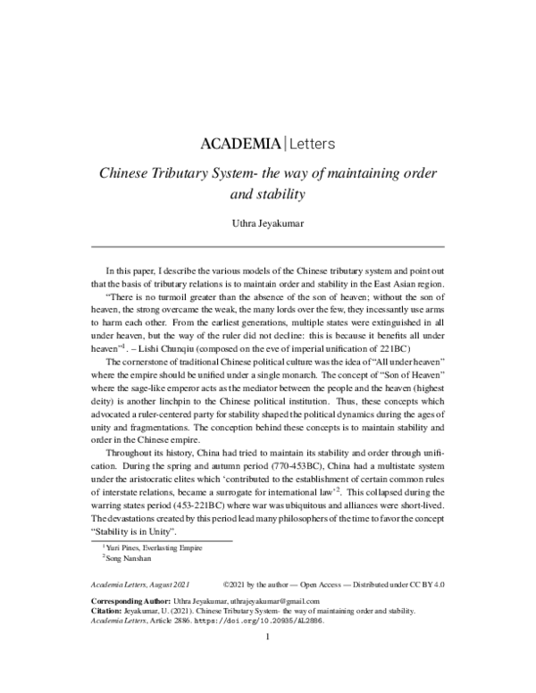 (PDF) Chinese Tributary System- the way of maintaining order and stability