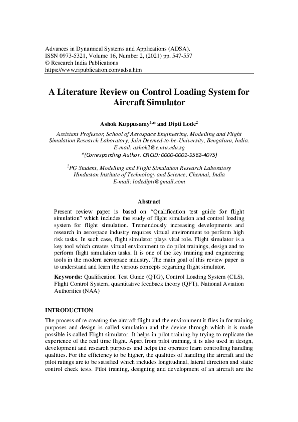 (PDF) A Literature Review on Control Loading System for Aircraft Simulator
