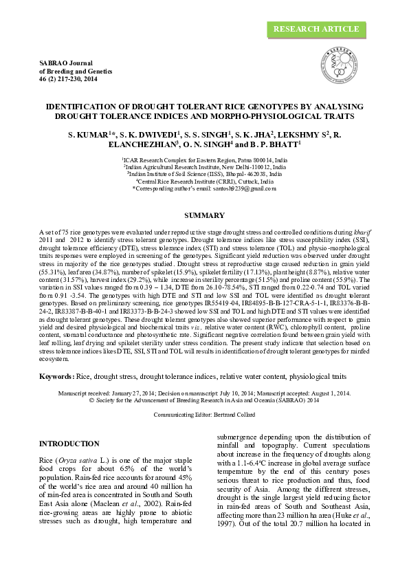 (PDF) IDENTIFICATION OF DROUGHT TOLERANT RICE GENOTYPES BY ANALYSING ...