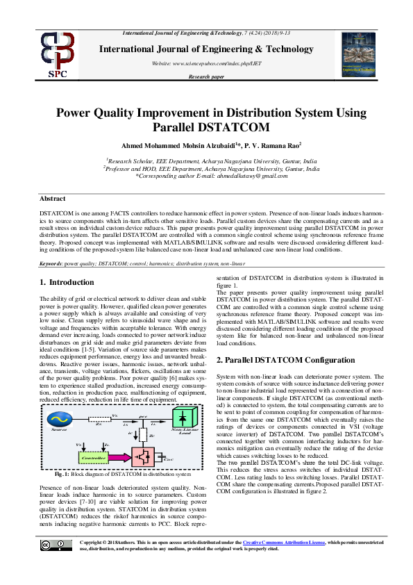 (PDF) Power Quality Improvement in Distribution System Using DSTATCOM
