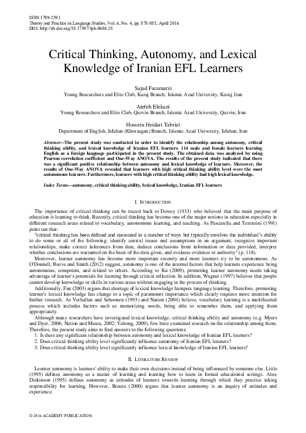 (PDF) Critical Thinking, Autonomy, and Lexical Knowledge of Iranian EFL ...