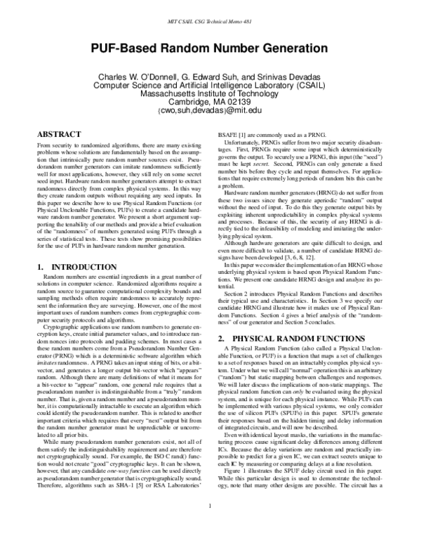 (PDF) PUF-Based Random Number Generation