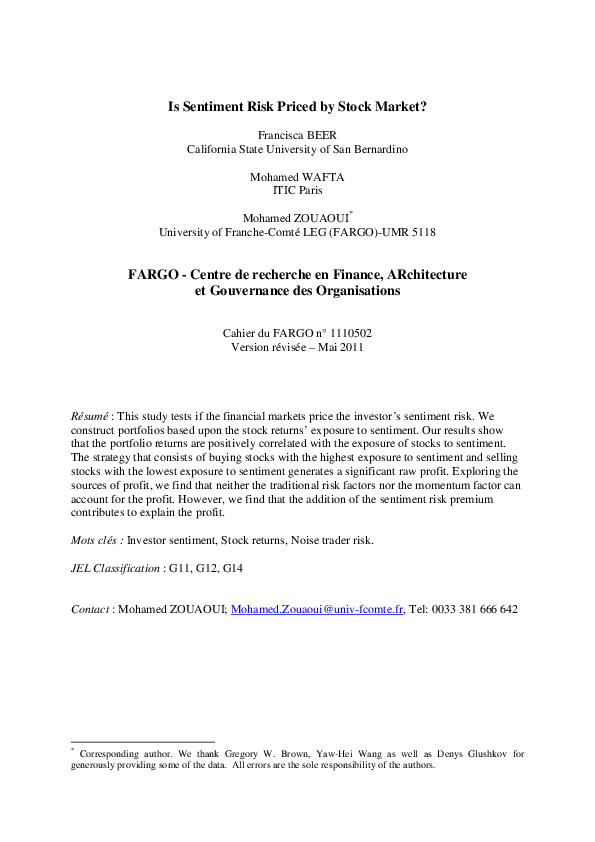 (PDF) Is Sentiment Risk Priced by Stock Market?