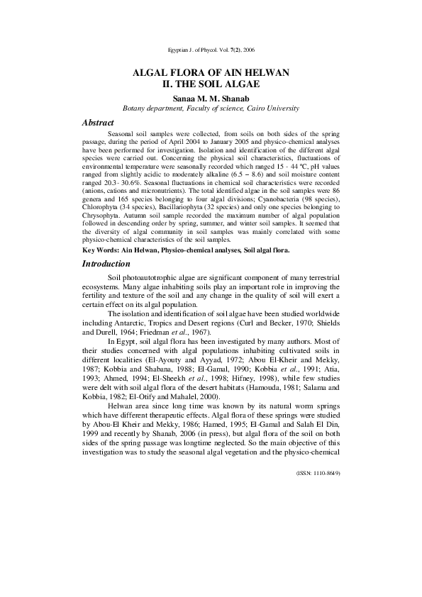 (PDF) Algal Flora of Ain Helwan II. The Soil Algae