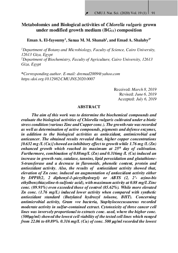 (PDF) Metabolomics and Biological activities of Chlorella vulgaris ...