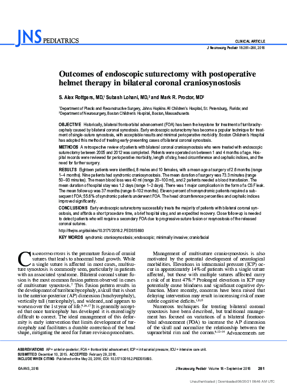 (PDF) Outcomes of endoscopic suturectomy with postoperative helmet therapy in bilateral coronal ...