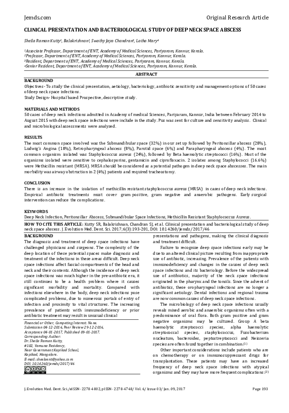 (PDF) Clinical Presentation and Bacteriological Study of Deep Neck ...