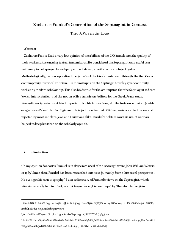 (PDF) Zacharias Frankel's Conception of the Septuagint in Context