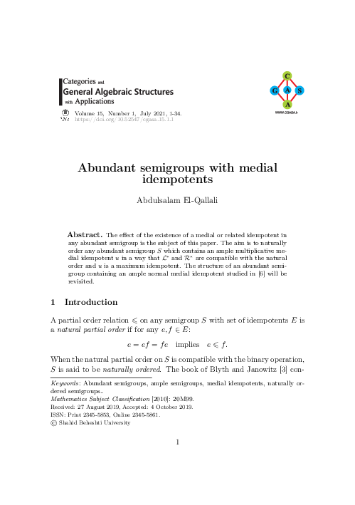 (PDF) Abundant semigroups with medial idempotents
