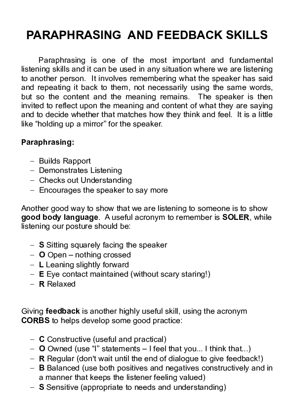 (DOC) PARAPHRASING AND FEEDBACK SKILLS