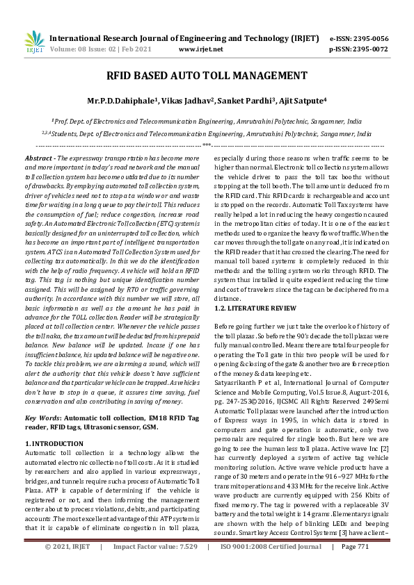 (PDF) IRJET- RFID BASED AUTO TOLL MANAGEMENT