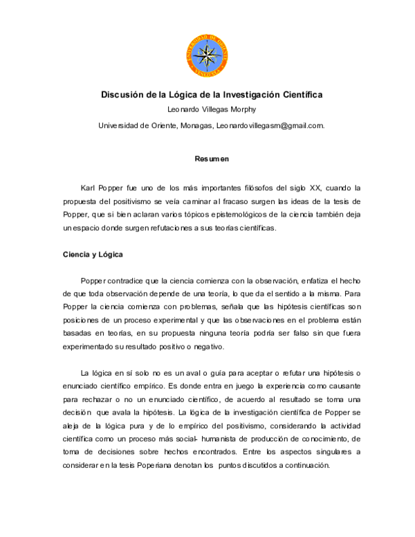 (PDF) Discusion de la Logica de la Investigacion Cientifica