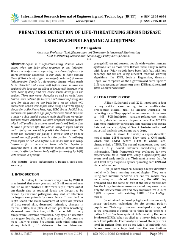 (PDF) IRJET- PREMATURE DETECTION OF LIFE-THREATENING SEPSIS DISEASE USING MACHINE LEARNING ...